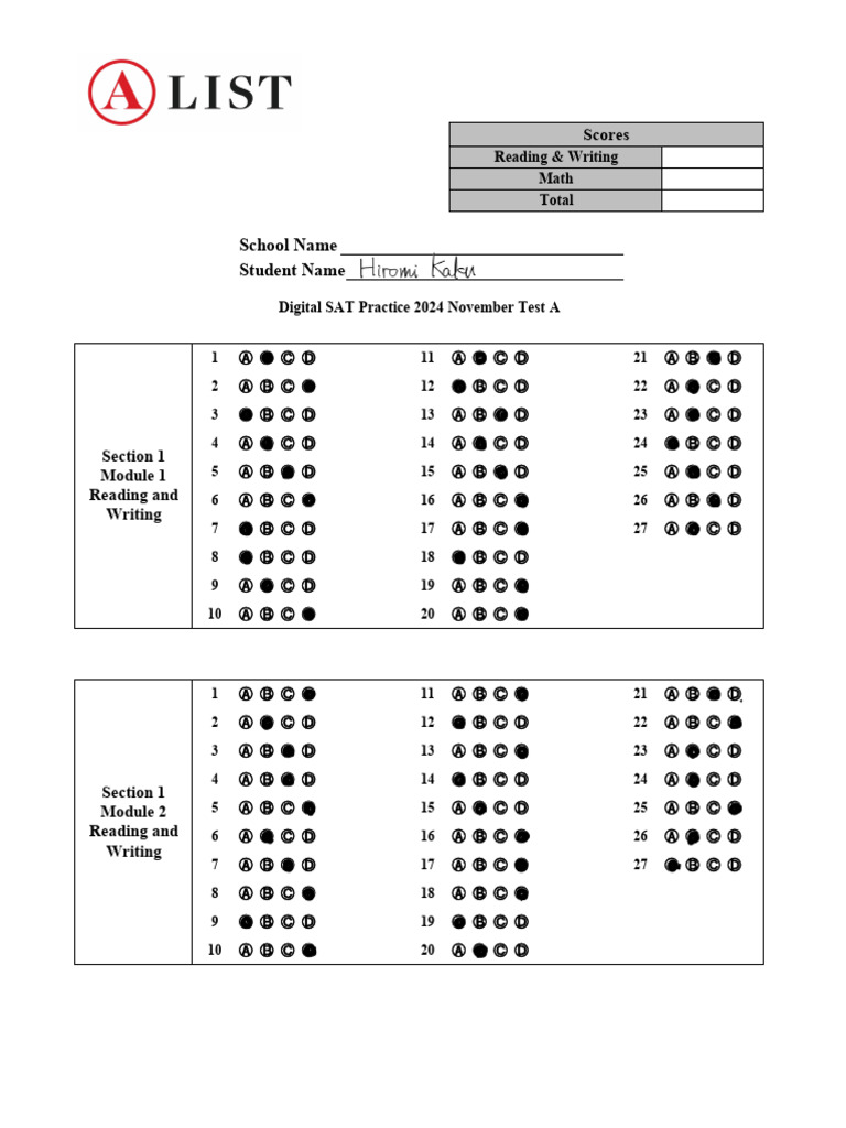 SAT 2024 November Test A Bubble Sheet | PDF | Standardized Tests | Tests