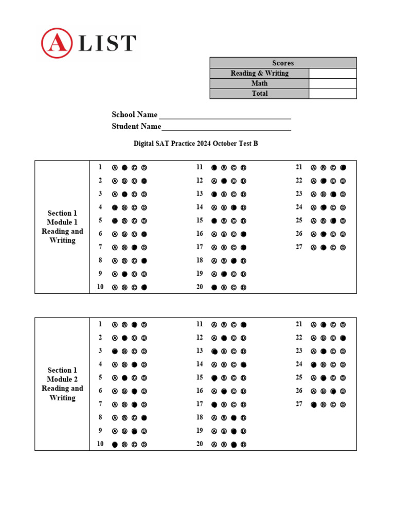 SAT 2024 Oct Test B Bubble Sheet | PDF | Standardized Tests | Tests