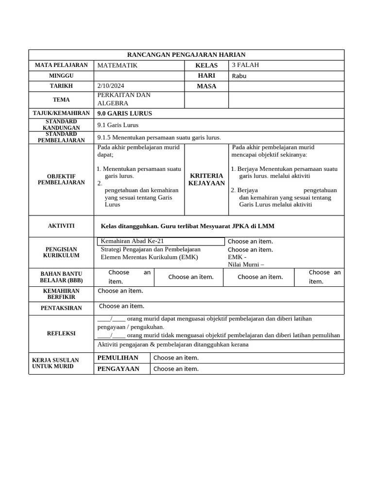 RANCANGAN PENGAJARAN HARIAN - 1 Helai | PDF