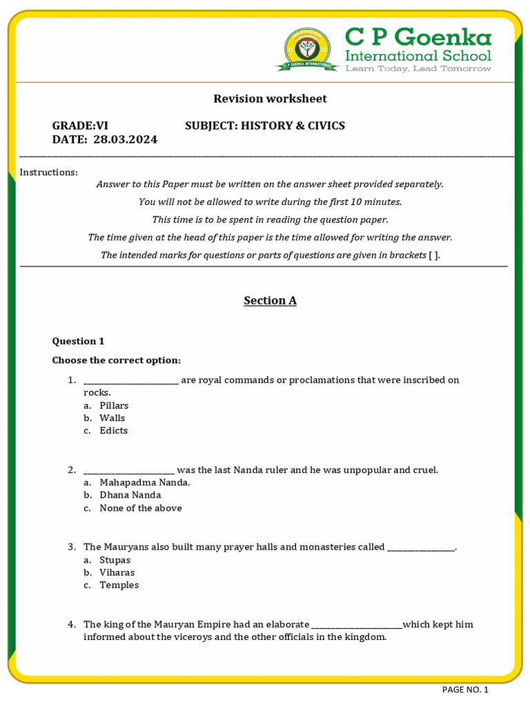 Revision_worksheet_Grade_6_ICSE | PDF