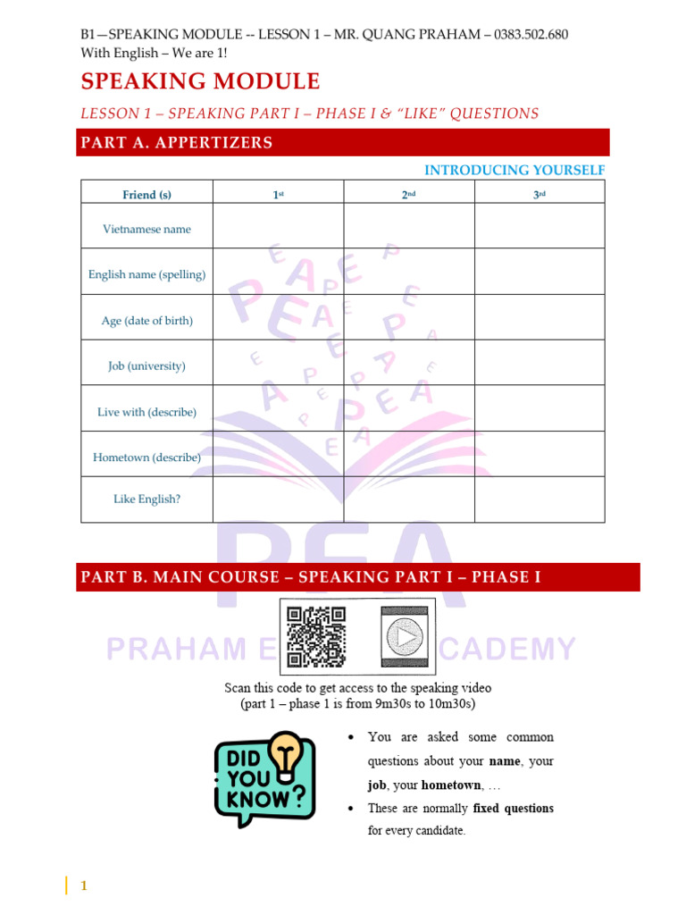 b1 Speaking 1 Part I Phase I | PDF