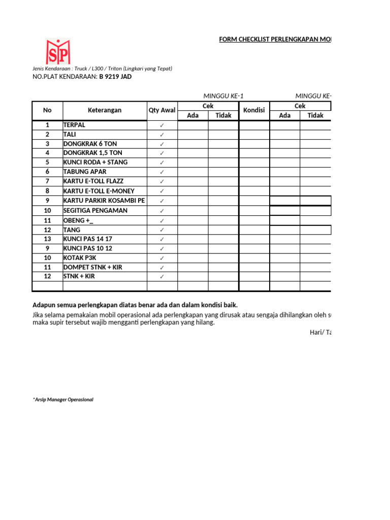 Checklist Perlengkapan Mobil dan Truk | PDF