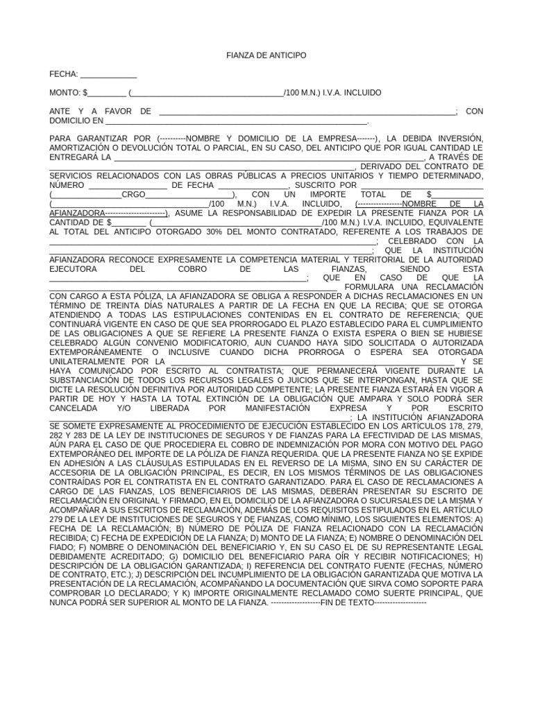 Fianza de Anticipo | PDF | Póliza de seguros