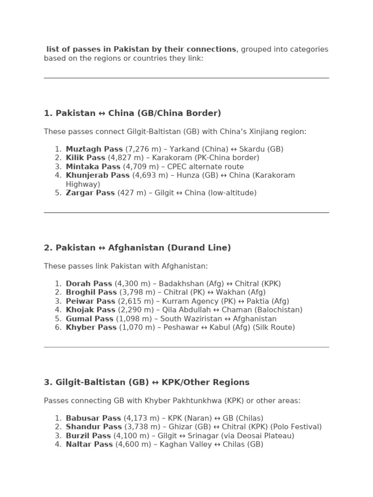 List of Passes in Pakistan by Their Connections | PDF | Khyber ...