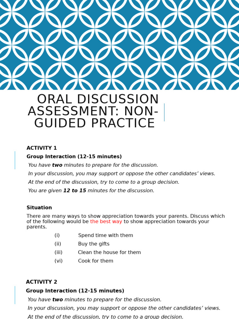 Oral Discussion - Non-Guided Practice | PDF