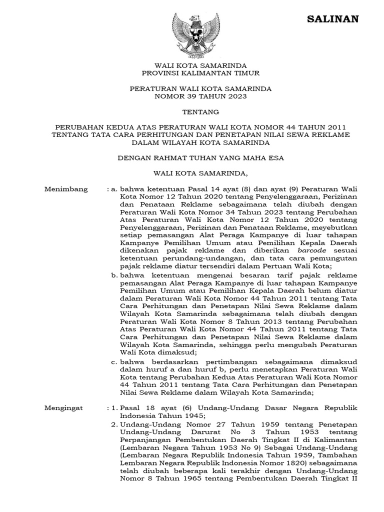 Perwali Samarinda 39-2023 TTG Perubahan Kedua Atas Peraturan Walikota No. 44 THN 2011 TTG Cara ...