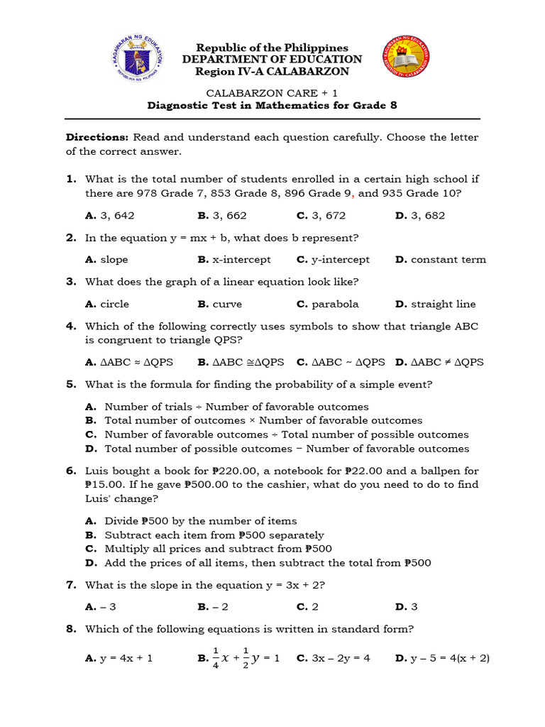 Grade 8 Math Diagnostic Test Philippines | PDF | Slope | Weight