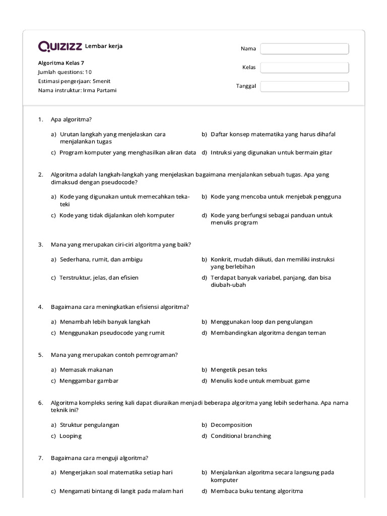 Algoritma Kelas 7 _ Quizizz | PDF