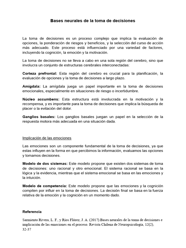 Bases Neurales de La Toma de Decisiones | PDF