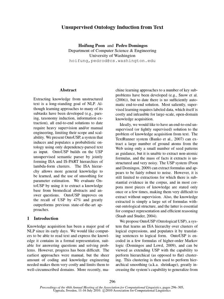 2010 - Poon - Unsupervised Ontology Induction From Text | PDF | Parsing | Ontology (Information ...