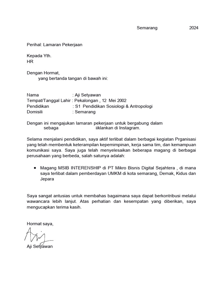 Surat Lamaran Kerja PT WIN | PDF