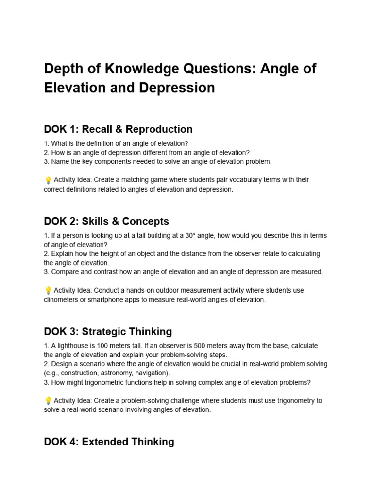 Depth of Knowledge Questions_ Angle of Elevation and Depression | PDF ...