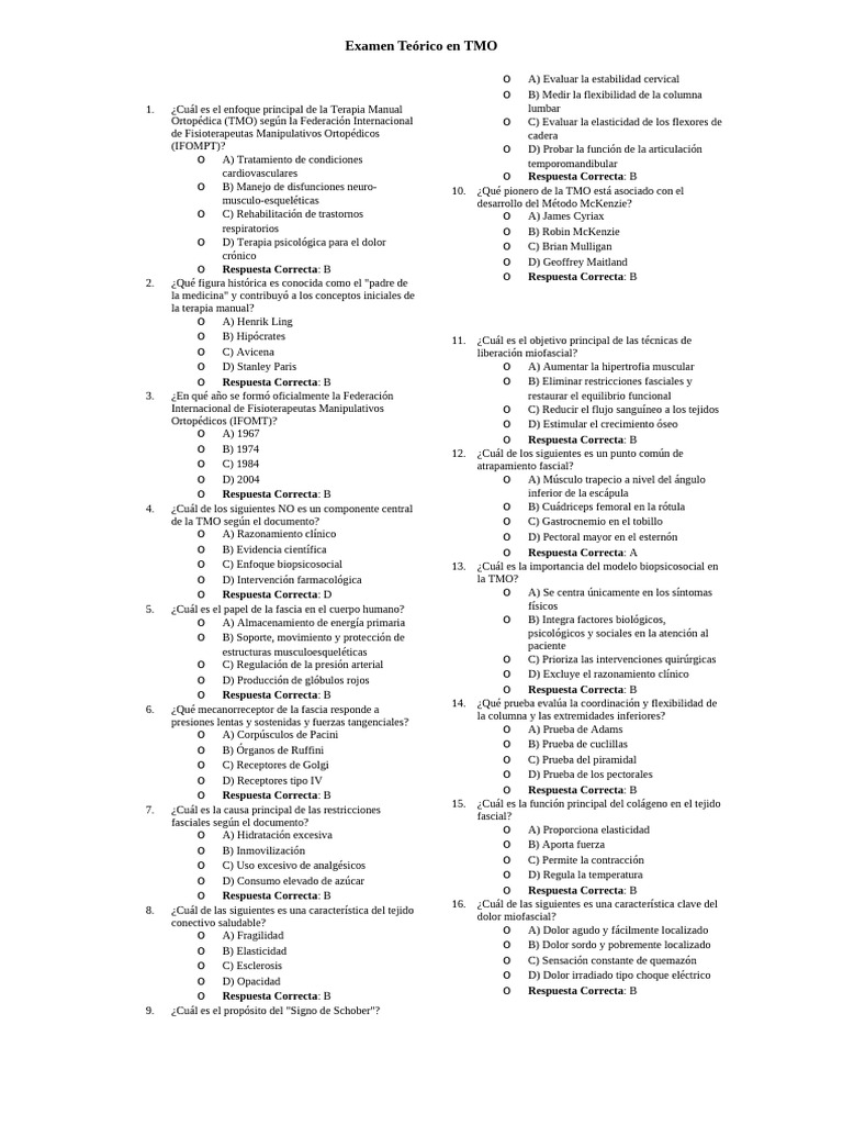 Examen Teórico en TMO T1 Respuestas | PDF | Terapia física | Hombro