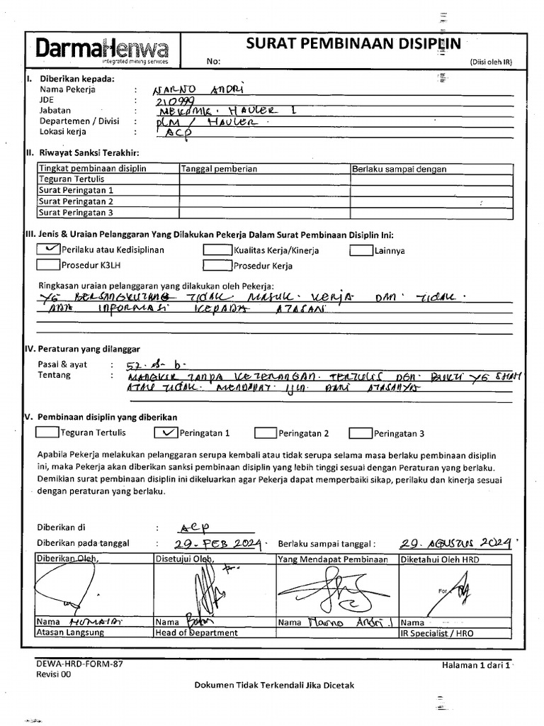 Surat Pembinaan Disiplin Narno Andri #210999 | PDF