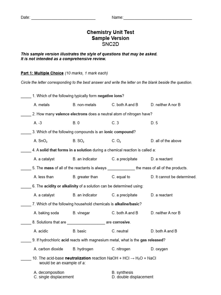 Sample Chemistry Unit Test | PDF | Chemical Reactions | Acid