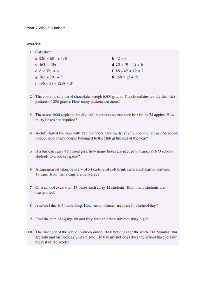 Year 7 Whole Numbers Practice Q&A | PDF
