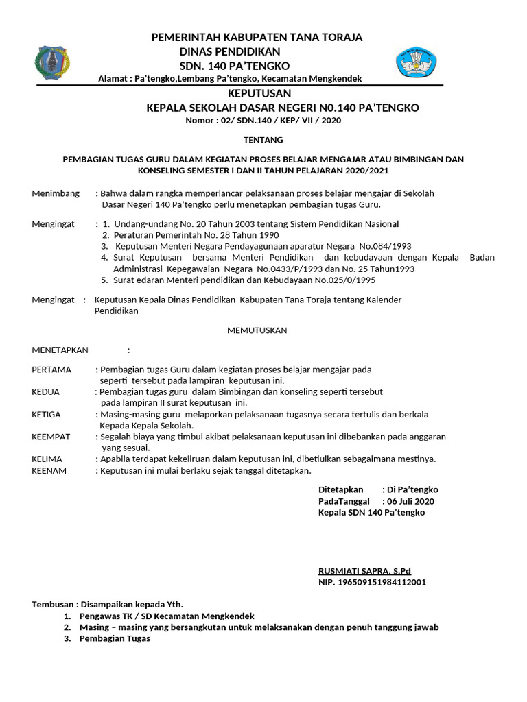 SK PEMBAGIAN TUGAS 2020-2021 | PDF