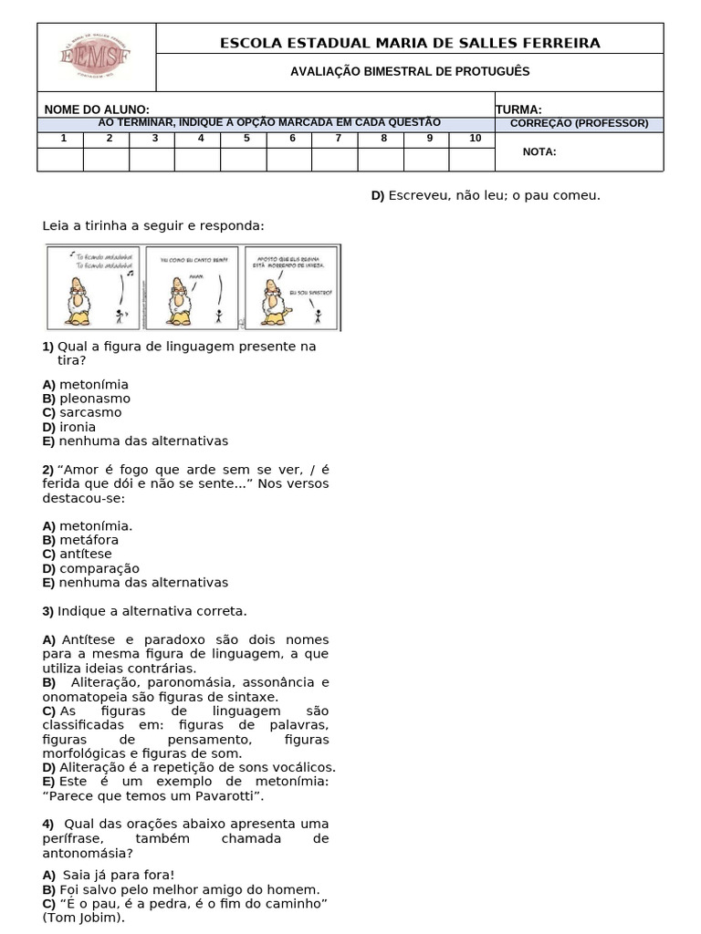 PROVA BIMESTRAL - 1º ANO EM (1) | PDF | Metáfora | Retórica