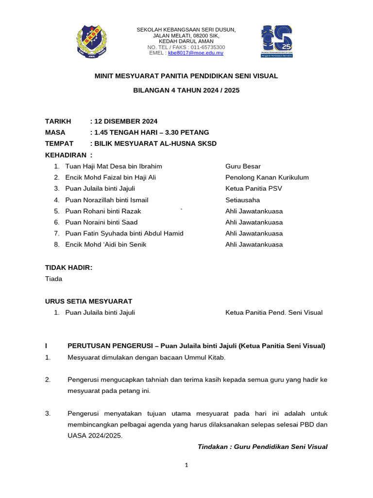 Minit Mesyuarat Panitia PSV Bil 4 2024 SKSD | PDF