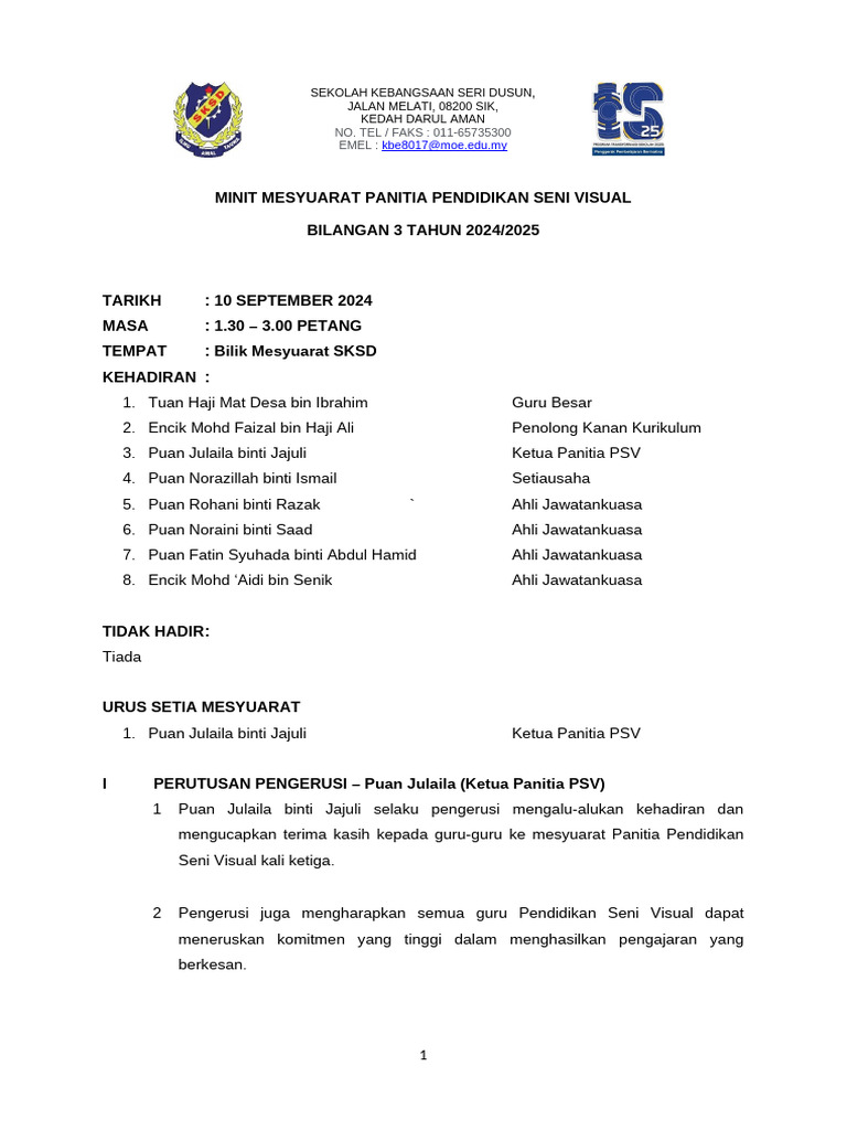 Minit Mesyuarat Panitia PSV Bil 3 2024 | PDF