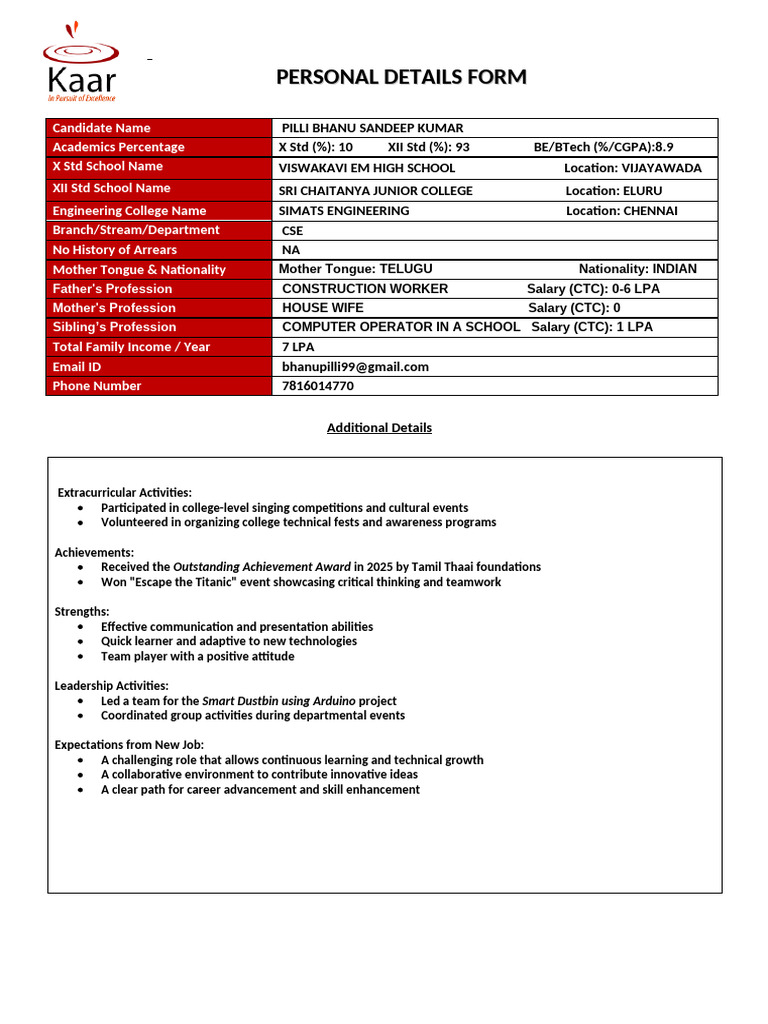 Personal Details Form for Candidate Profile | PDF