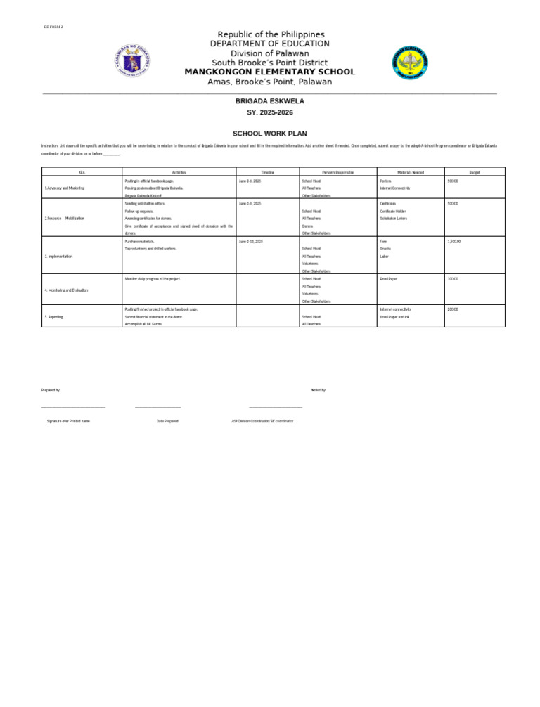 Brigada Eskwela Form 2 School Work Plan | PDF