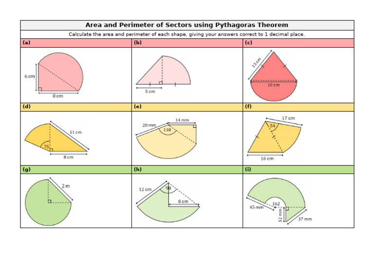 Area and Perimeter of Sectors Using Pythagoras Theorem Practice Grid | PDF