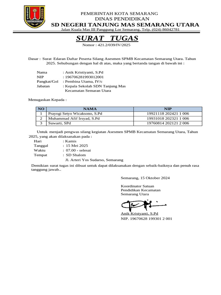 Surat Tugas Pengawas Asesmen SPMB 2025 | PDF