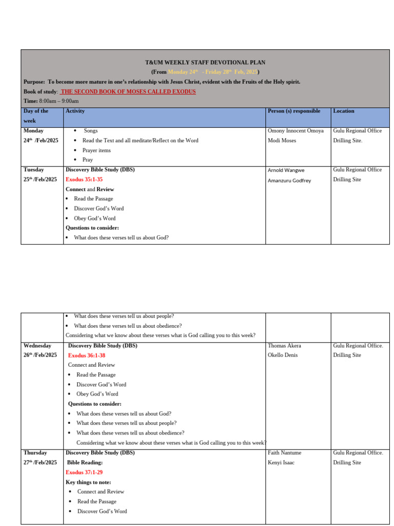 Weekly Staff Devotional Plan (04) Fab, 2025 | PDF | Sermon | Book Of Exodus