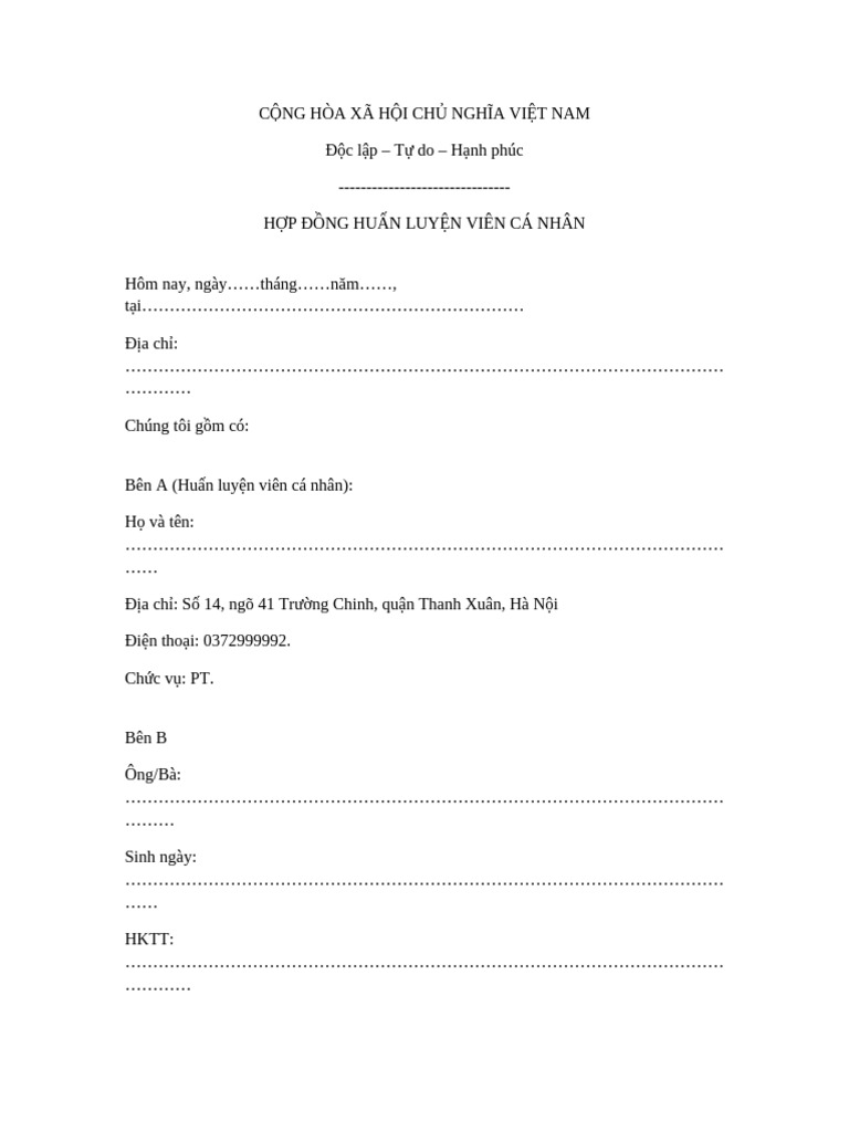 Hop Dong Huan Luyen Vien Text | PDF