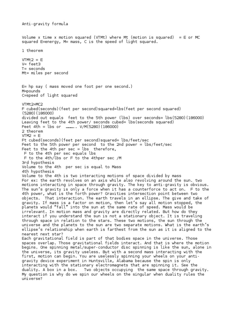 Anti-Gravity Formula and Theories | PDF | Gravity | Space