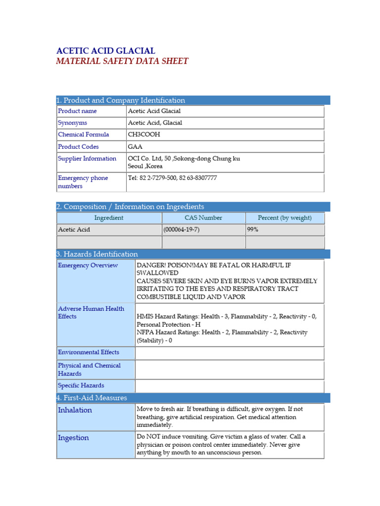MSDS - Acetic Acid. (New) | PDF | Firefighting | Toxicity