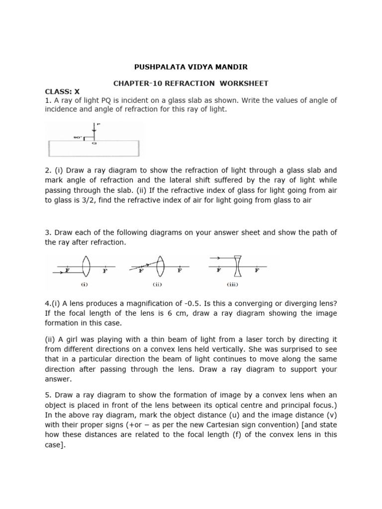 Class X Refraction Worksheet Guide | PDF | Refractive Index | Physical ...