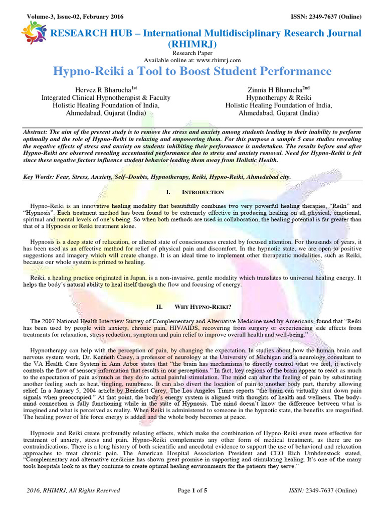 Hypno Reiki A Tool To Boost Student Perf | PDF | Hypnosis | Hypnotherapy