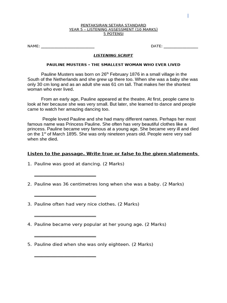 Year 5 Listening Assessment 2021 | PDF