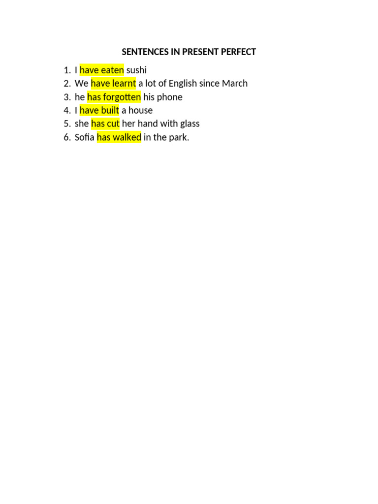 Sentences in Present Perfect | PDF