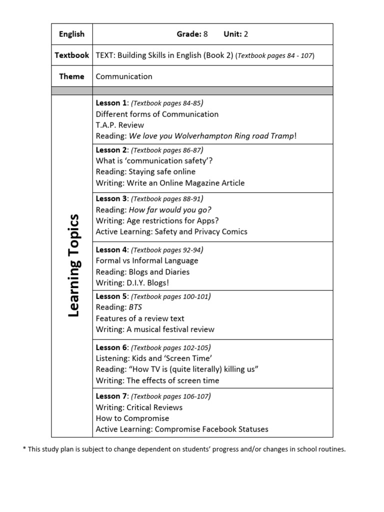 Grade 8 - Unit 2 - Study plan | PDF