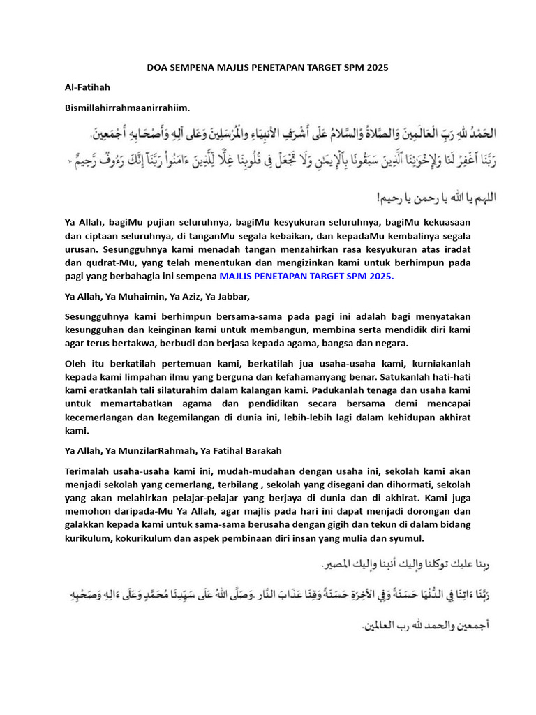 Doa Sempena Majlis Penetapan Target SPM 2025 | PDF