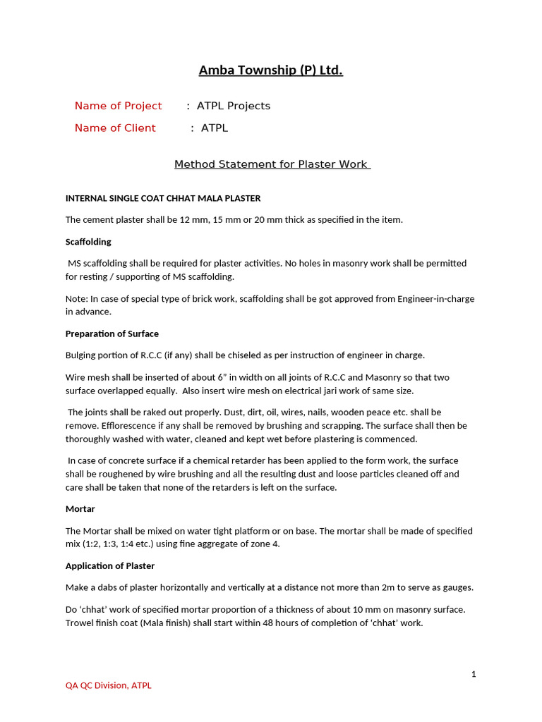 Method Statement for Plaster Work | PDF | Plaster | Industrial Processes