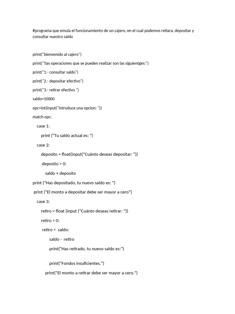 Programa Que Emula El Funcionamiento de Un Cajero | PDF