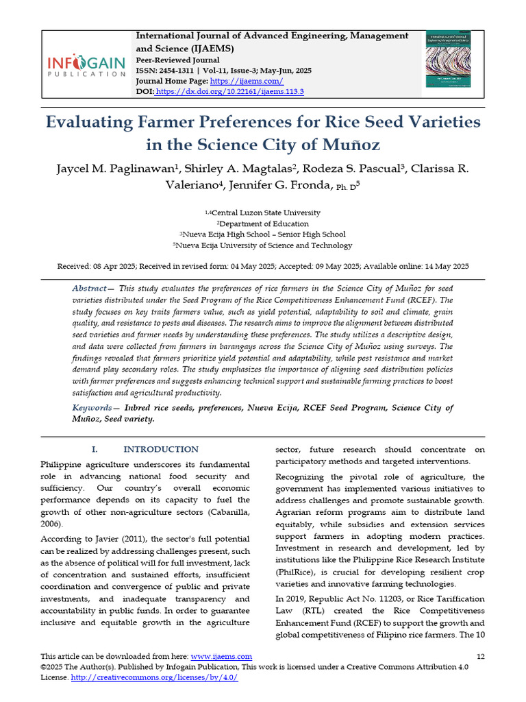 Evaluating Farmer Preferences for Rice Seed Varieties in the Science City of Muñoz | PDF ...