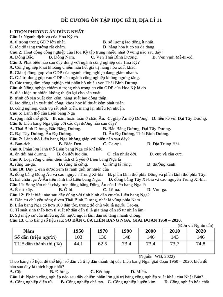 ĐỀ CƯƠNG ÔN KÌ II, ĐỊA 11 | PDF