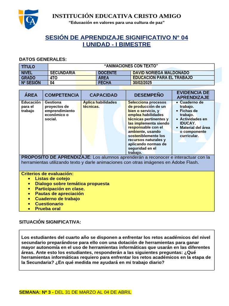 Sesión de Aprendizaje4 4sec Crami 2025 | PDF | Maestros | Evaluación