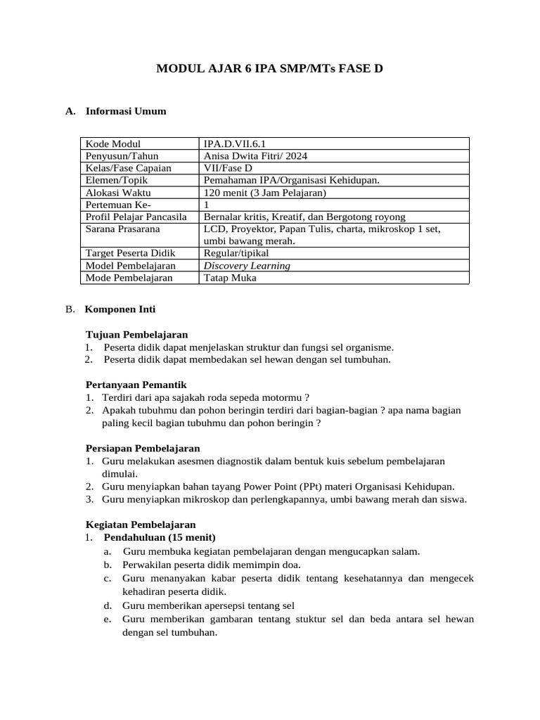 Modul IPA 1 - Bab 6 - Organisasi Kehidupan | PDF