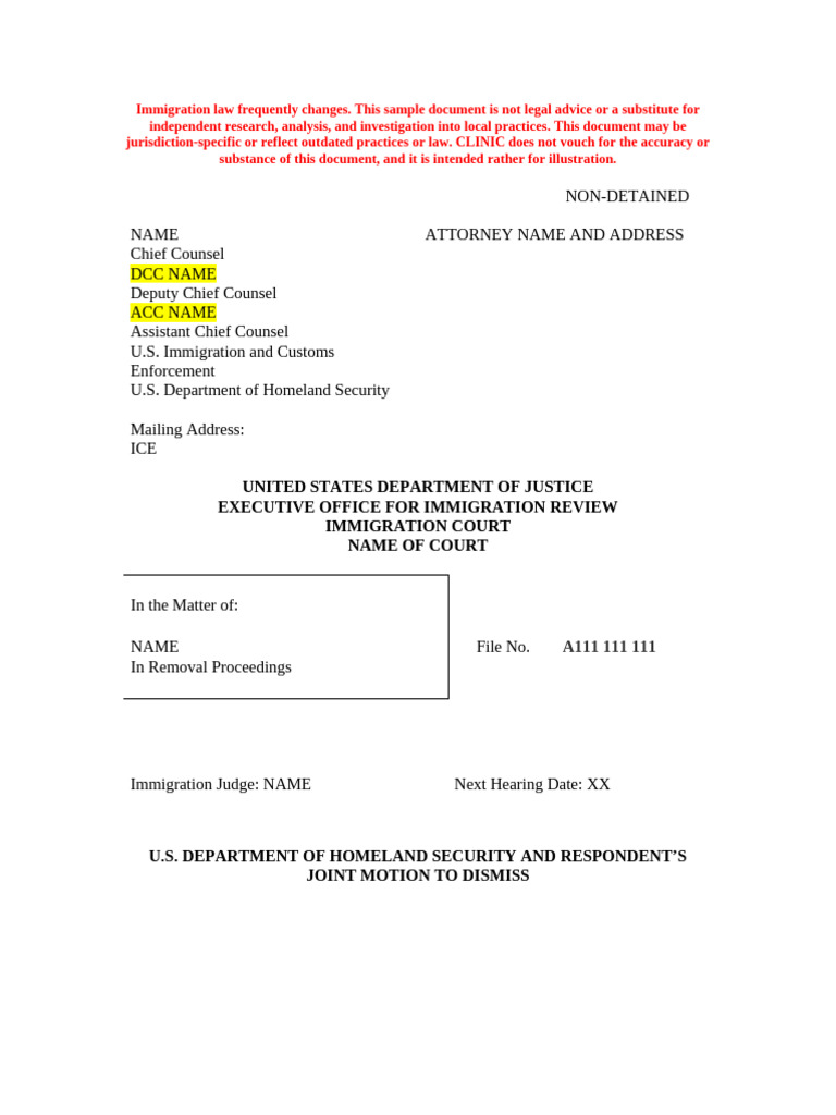 Sample Joint Motion To Dismiss For PD | PDF | Removal Proceedings ...