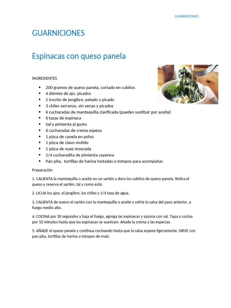 Recetas de Guarniciones: Espinacas y Papas | PDF