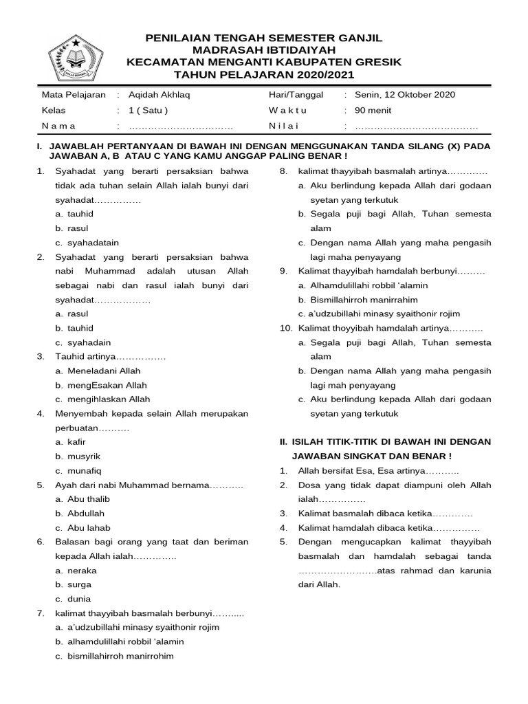 Pengetikan Soal Mapel PTS Aqidah 1 | PDF