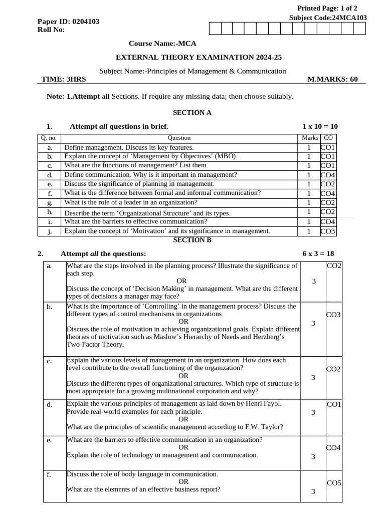 Principles of Management Exam 2024-25 | PDF | Business | Organizational ...