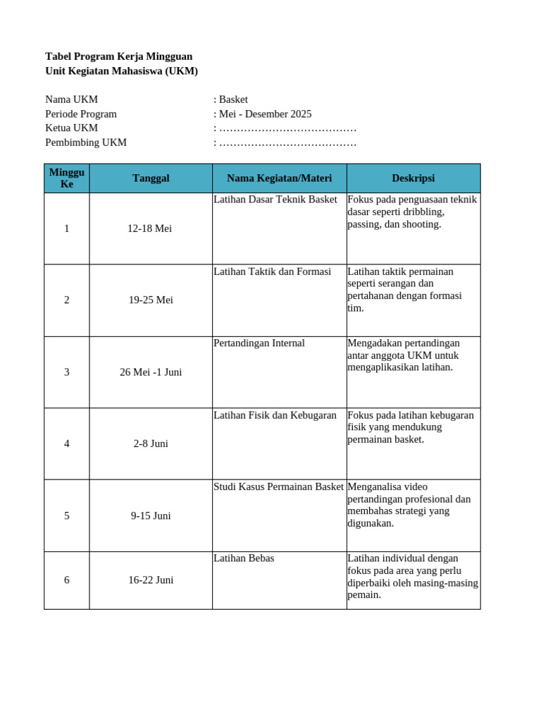 UKM Basket - Tabel Program Kerja Mingguan | PDF