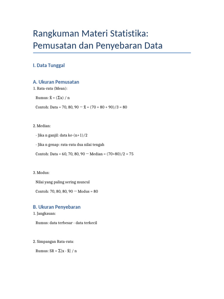 Rangkuman Statistika Pemusatan Penyebaran Data | PDF